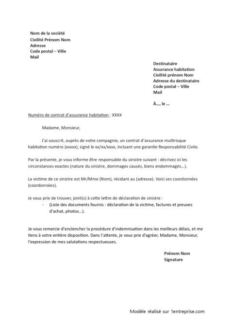 Demande d’indemnisation suite à des dégradations - WORD/PDF