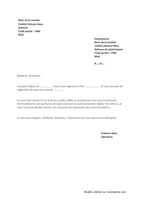 Demande de quittance de loyer - WORD/PDF - 100% Gratuit