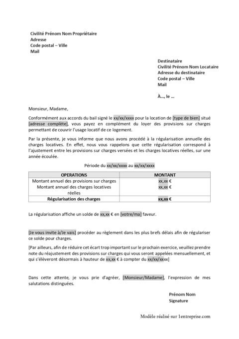 Demander la régularisation des charges - WORD/PDF - Gratuit