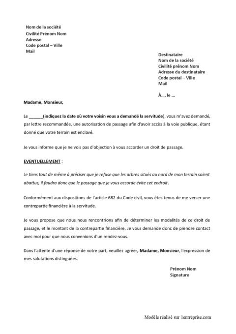 Lettre d’autorisation de droit de passage - WORD - Gratuit