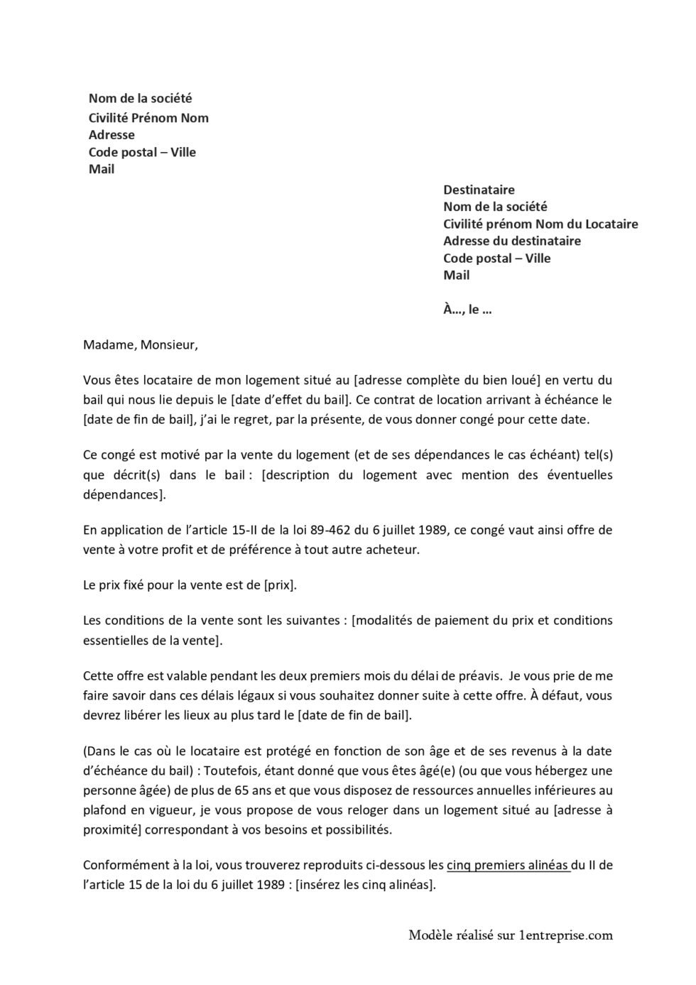 Lettre De Congé Pour Vendre Un Logement – ZATE